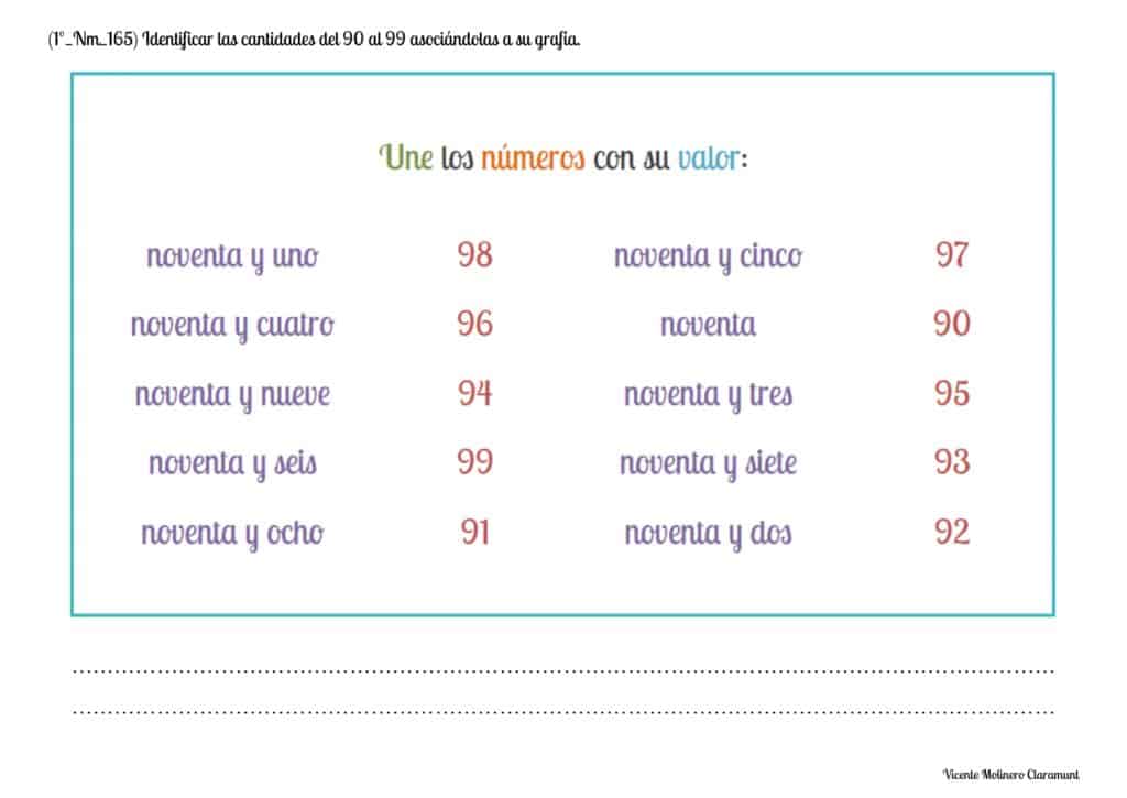 💙 NÚMEROS DEL 90 AL 100 💙 Primero de Educación Primaria (6 años)