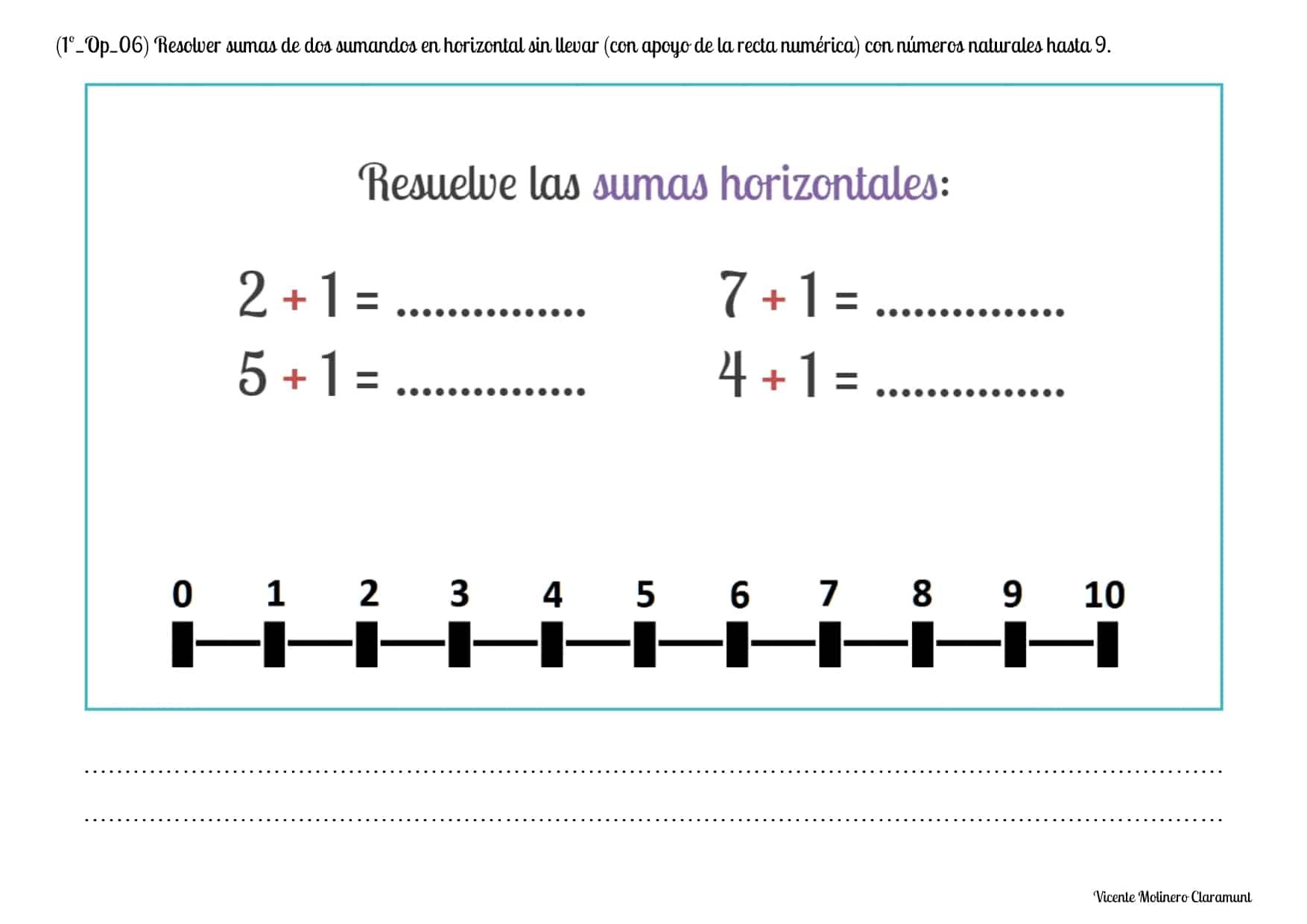 🔢 Sumar en Horizontal con Recta Numérica hasta 9 🔢 PDF
