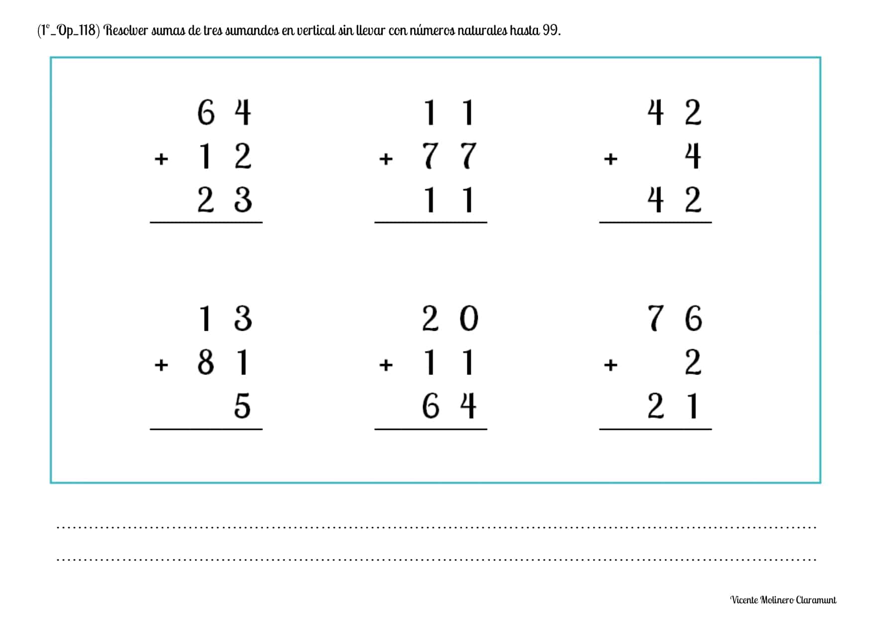 🔢 Sumar 3 Sumandos en Vertical Sin Llevar hasta 99 🔢 PDF