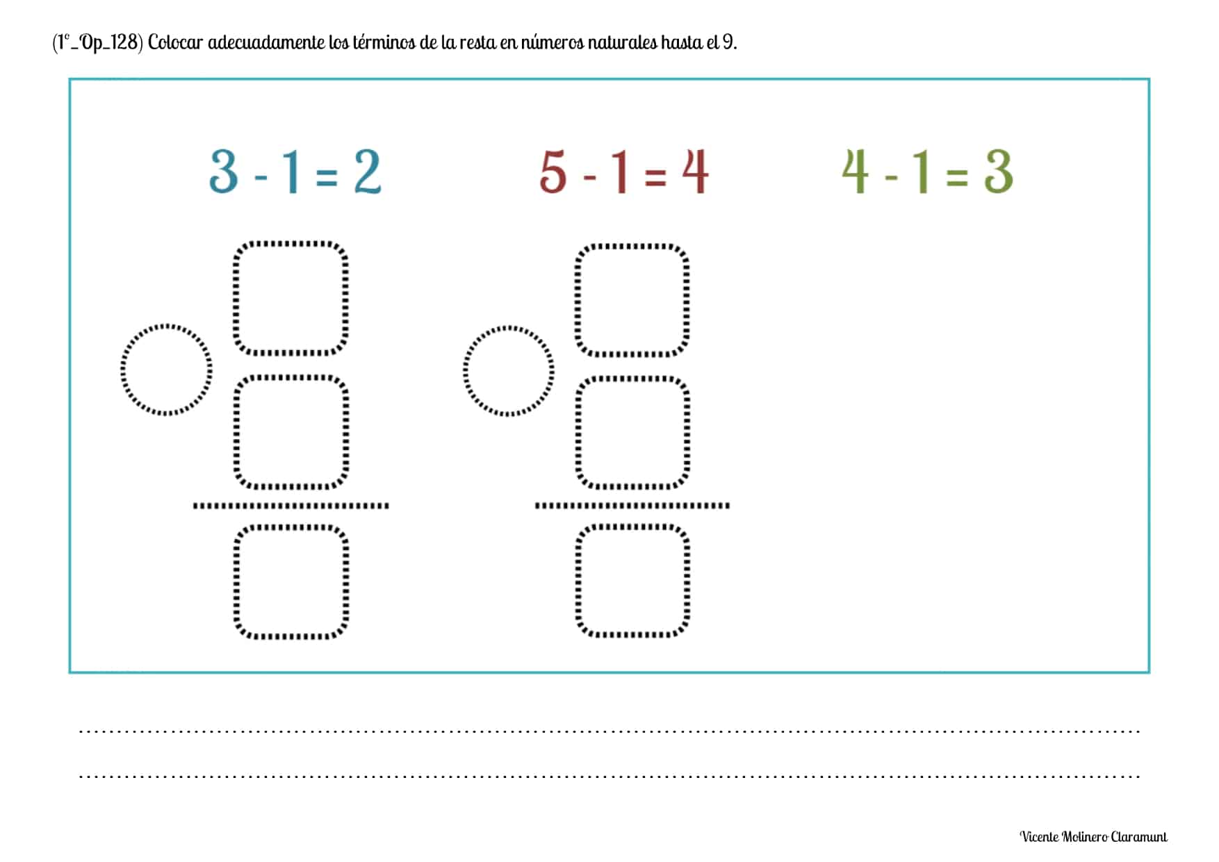 🔢 Colocar los Términos de la Resta hasta 9 🔢 Ejercicios PDF