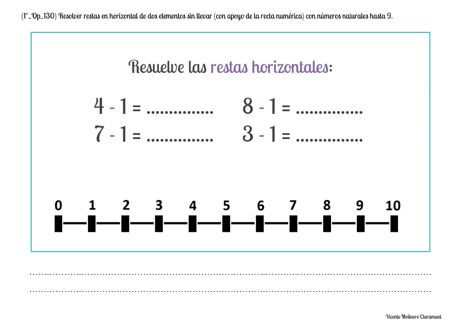 🔢 Restar en Horizontal con Recta Numérica hasta 9 🔢 PDF
