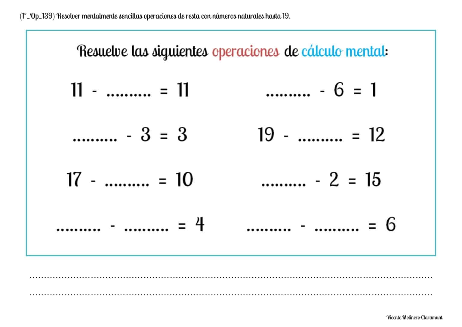 📚 Restar del 0 al 20 📚 1º Educación Primaria