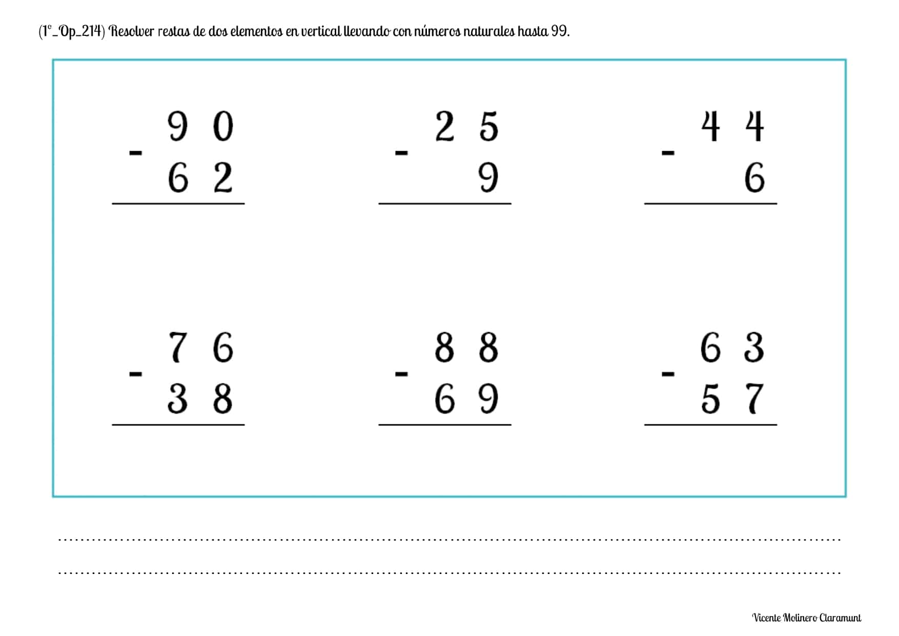 🔢 Restar en Vertical Llevando con Números hasta 99 🔢 PDF