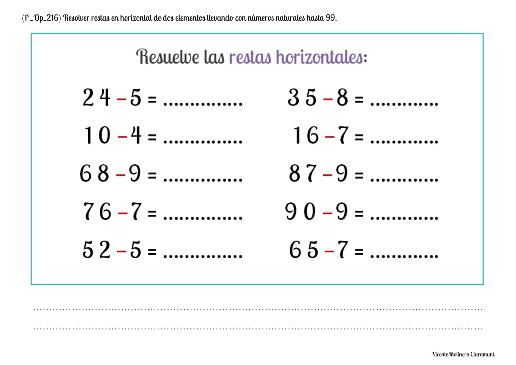 Práctica De Resta De Dos Dígitos