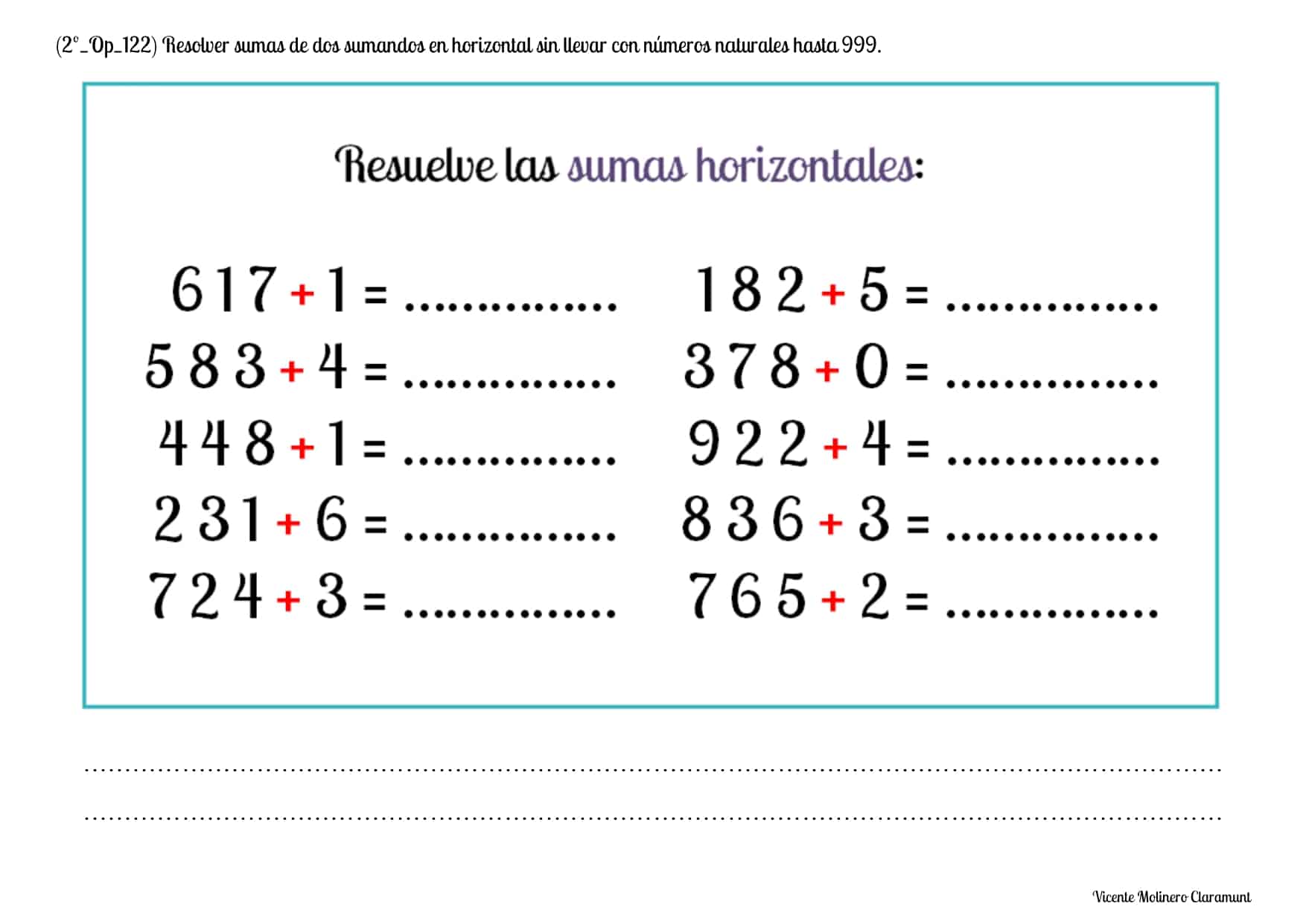 🔢 Sumar en Horizontal Sin Llevar hasta 999 🔢 PDF