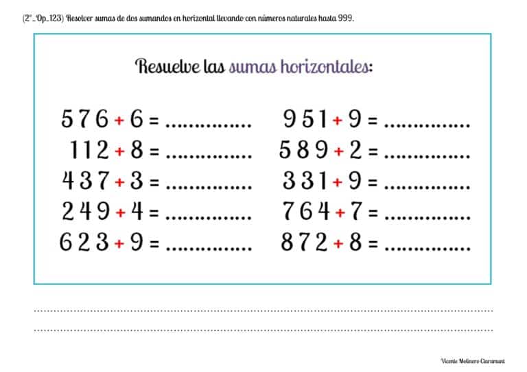 🔢 Sumar en Vertical con Números hasta 9 🔢 PDF
