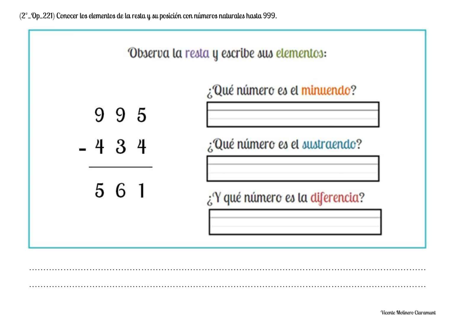 💙 RESTAR DEL 0 AL 999 💙 Segundo de Educación Primaria (7 años)