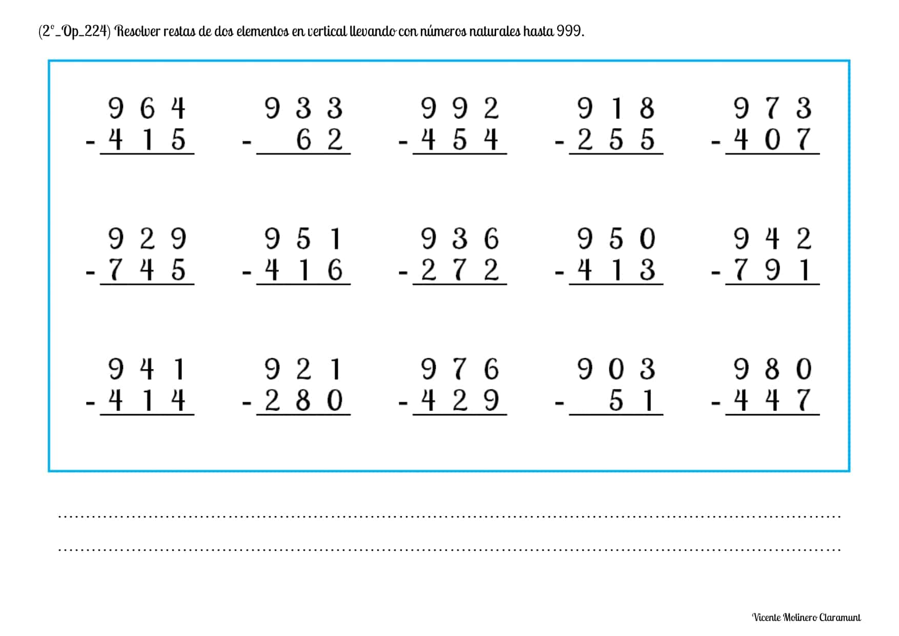 🔢 Restar en Vertical Llevando con Números hasta 999 🔢 PDF