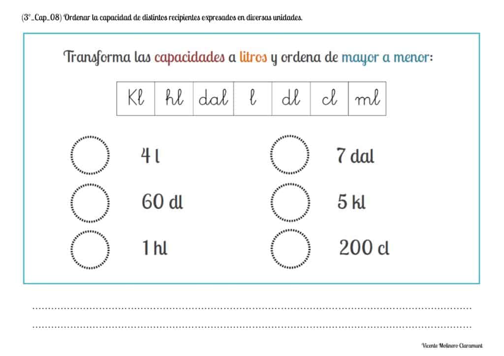 💙 MEDIDAS DE CAPACIDAD 💙 Tercero Educación Primaria (8 años)