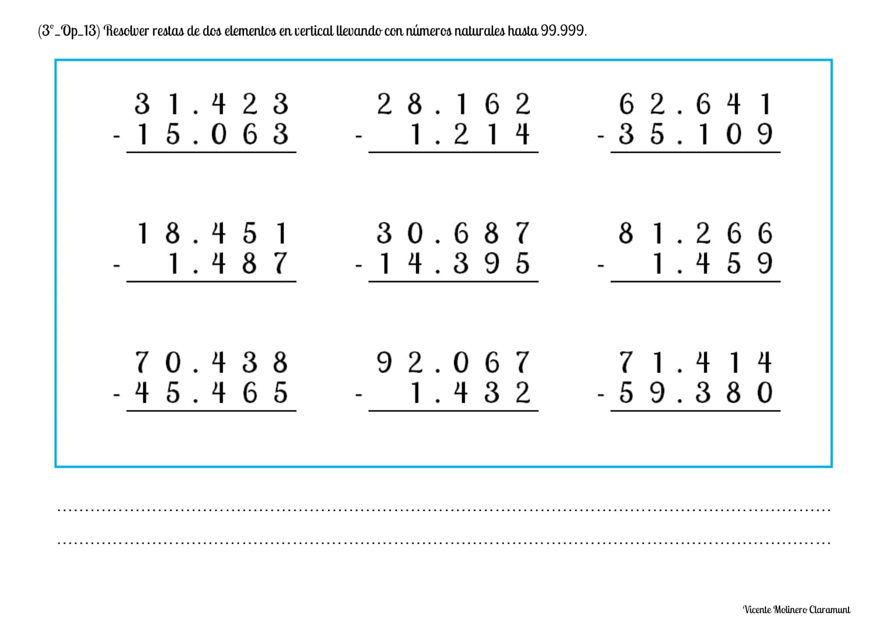 💙 RESTAR DEL 0 AL 99.999 💙 Tercero de Educación Primaria (8 años)