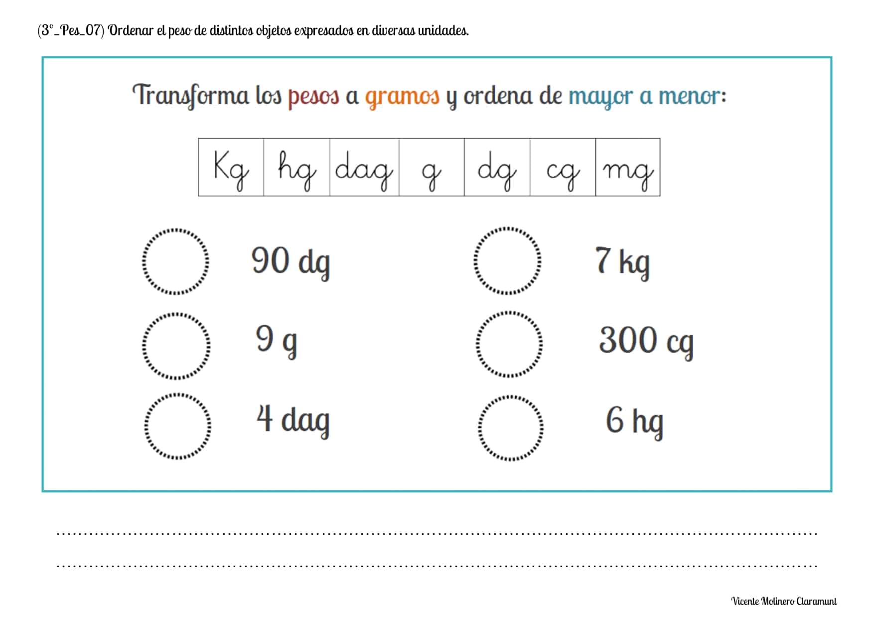 💙 MEDIDAS DE MASA Y PESO 💙 Tercero Educación Primaria (8 años)