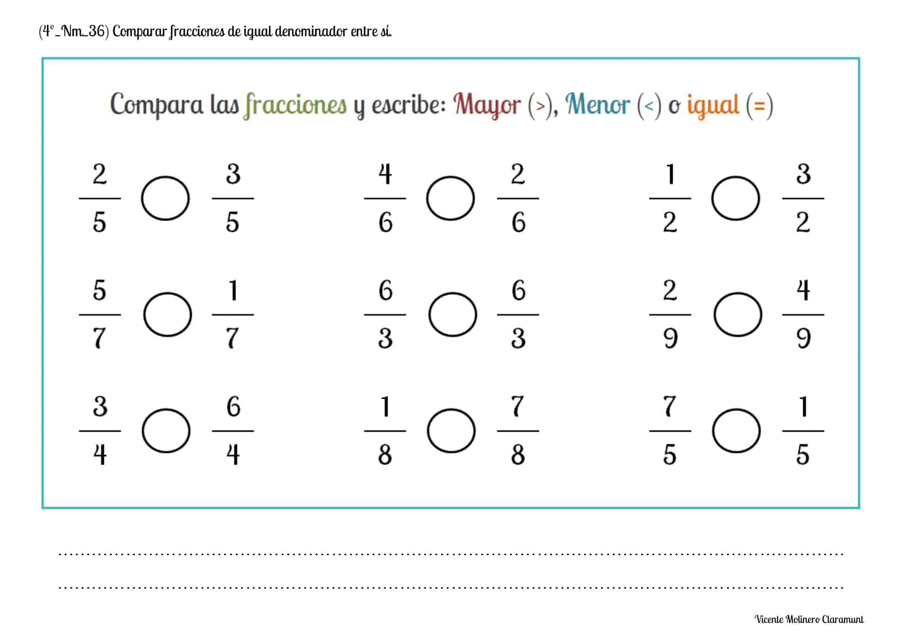 Hoja De Trabajo Para Comparar Fracciones Con Denominadores Iguales