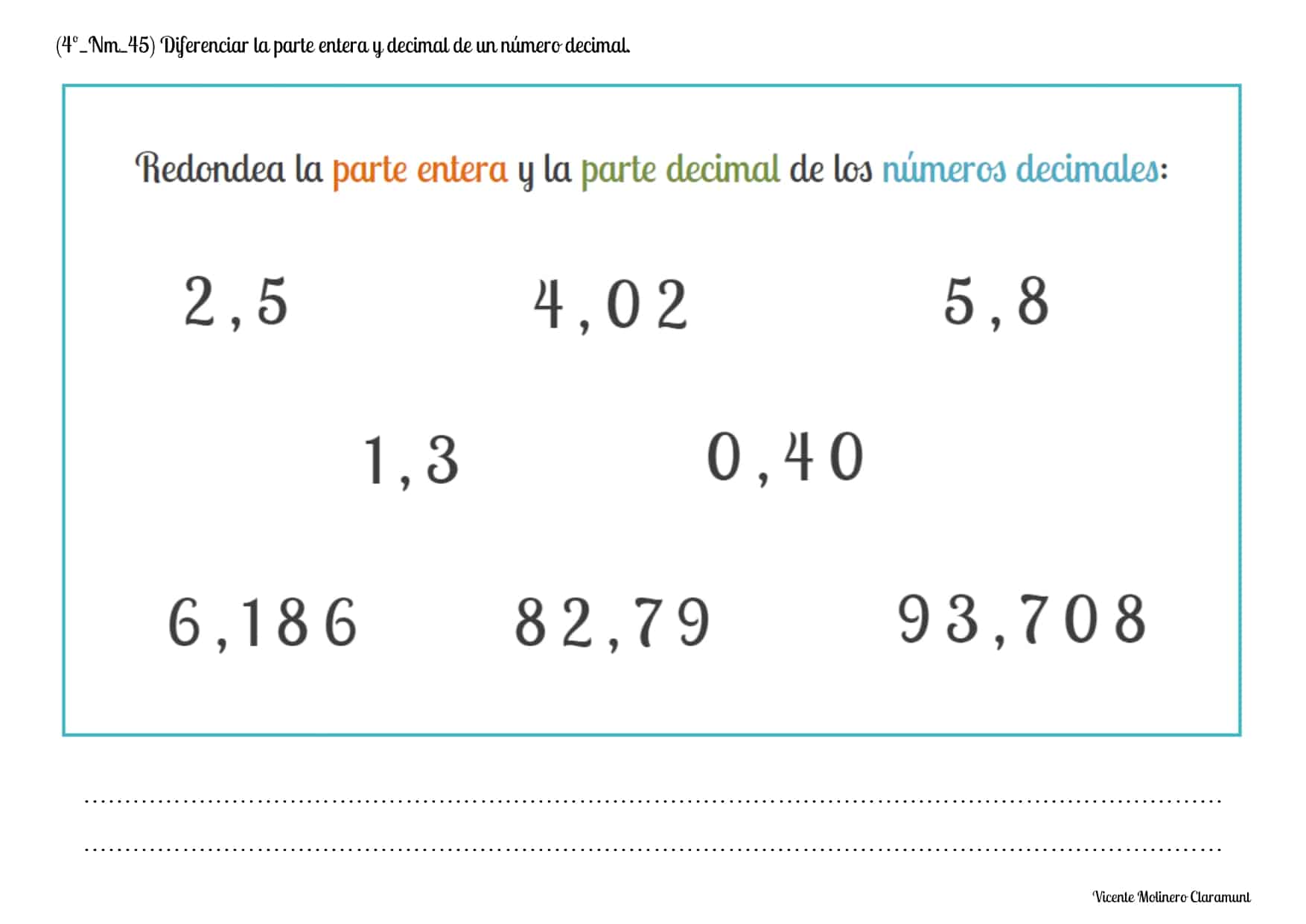 🔢 Parte Entera y Decimal de Números Decimales 🔢 PDF
