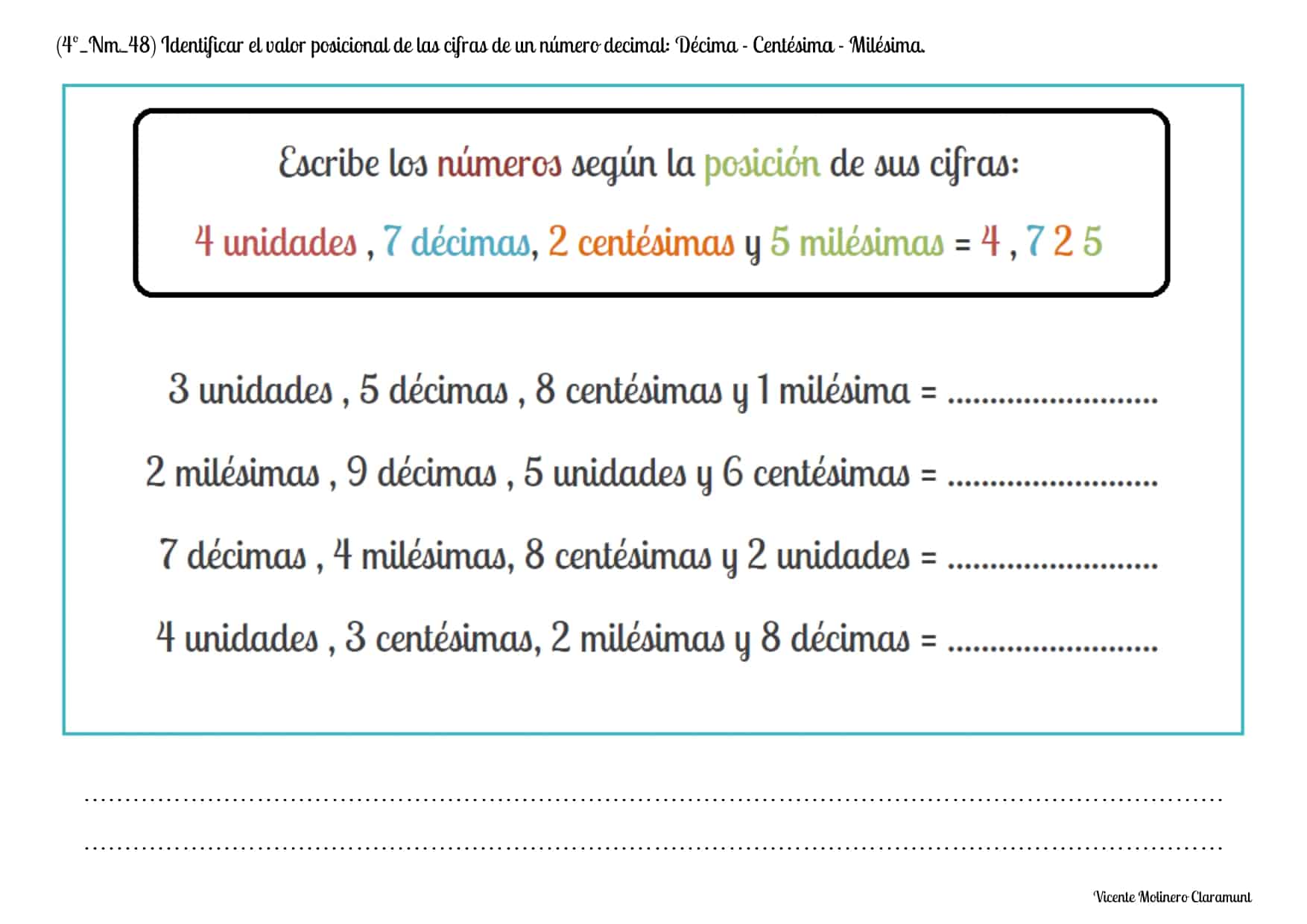 🔢 Valor Posicional de las Cifras de un Decimal 🔢 PDF