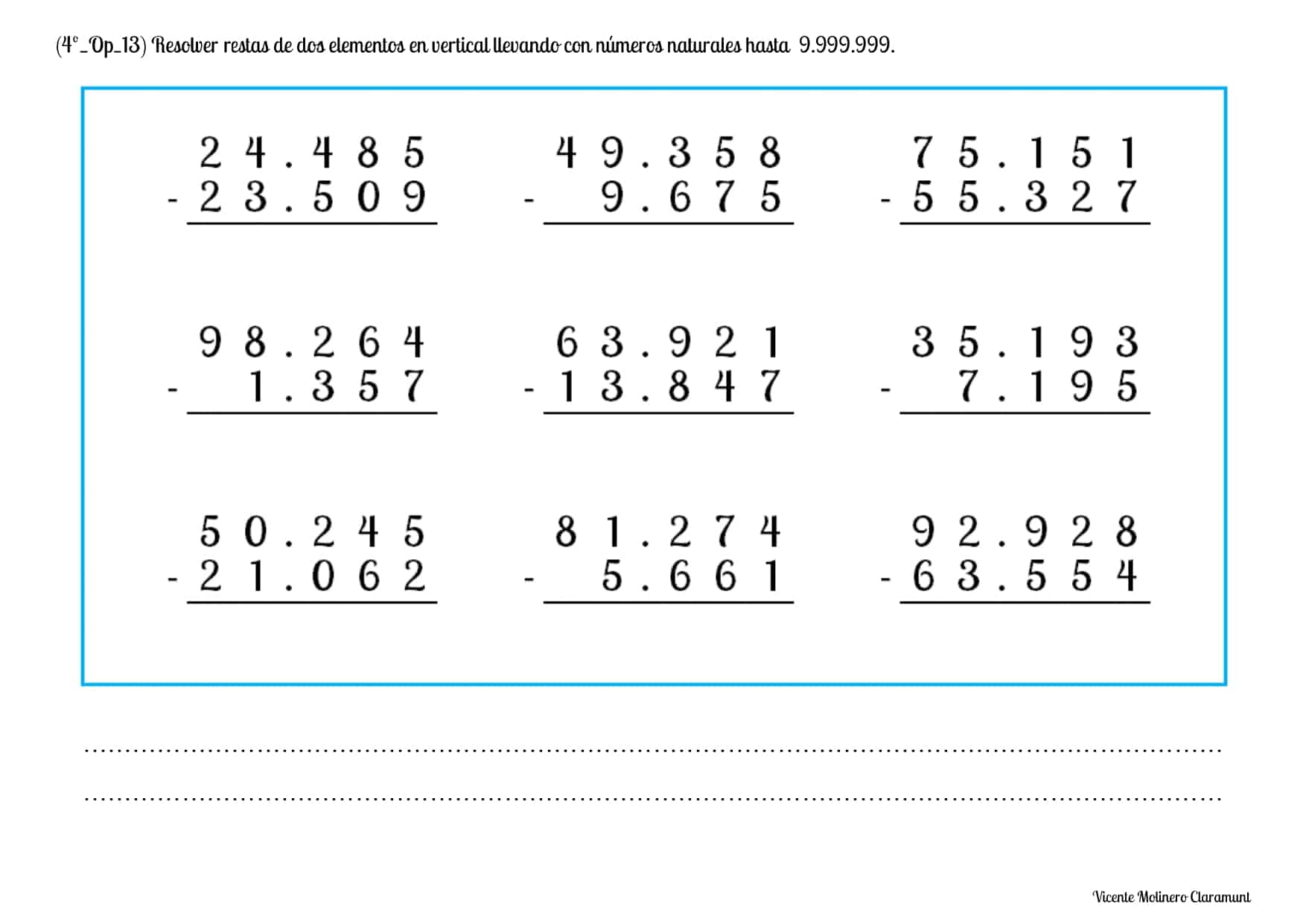 💙 RESTAR DEL 0 AL 9.999.999 💙 Cuarto de Educación Primaria (9 años)