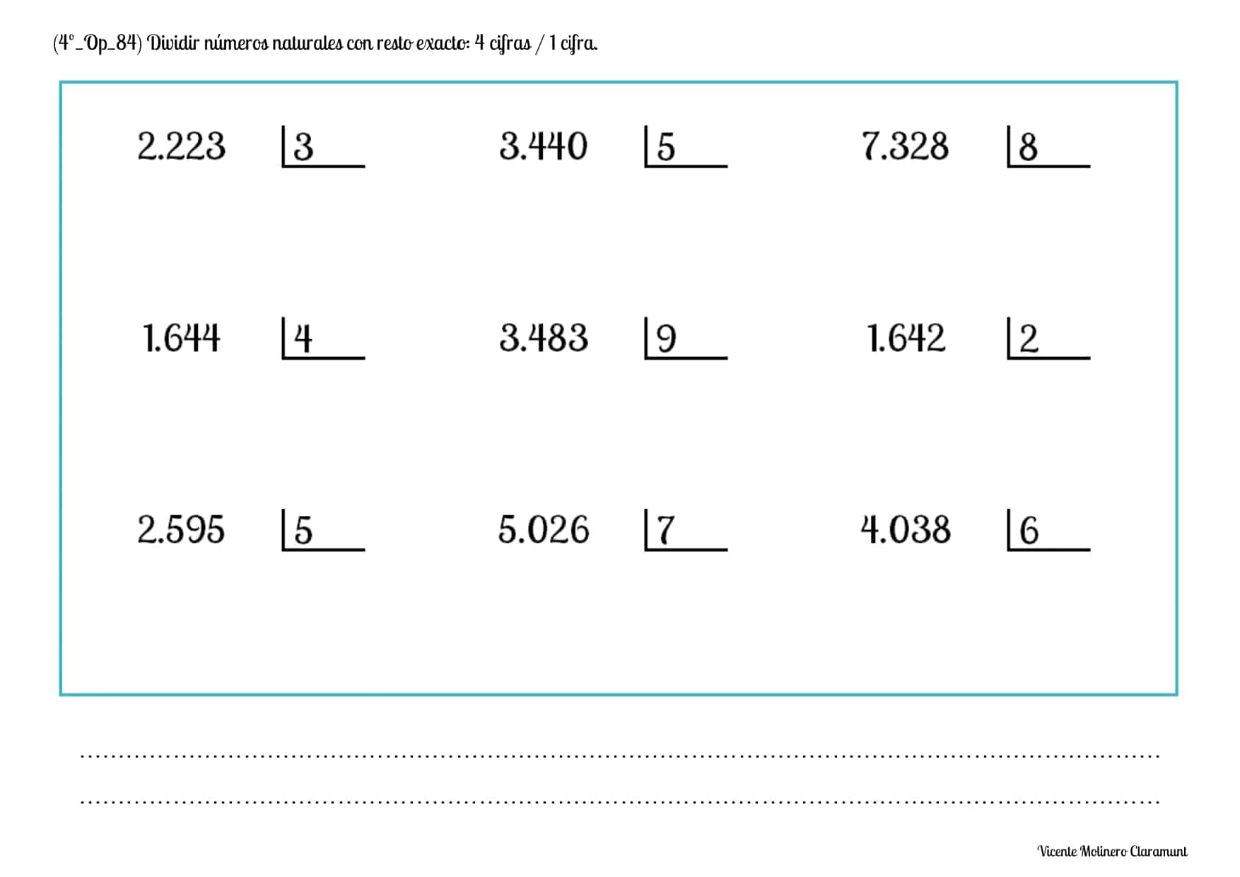 🔢 Dividir 4 Cifras entre 1 Cifra con Resto Exacto 🔢 PDF