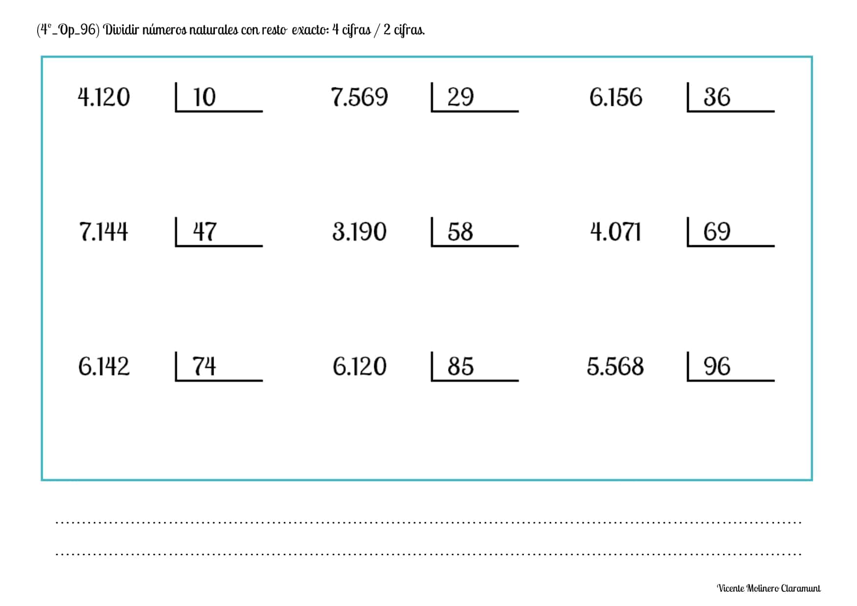 🔢 Dividir 4 Cifras entre 2 Cifras con Resto Exacto 🔢 PDF