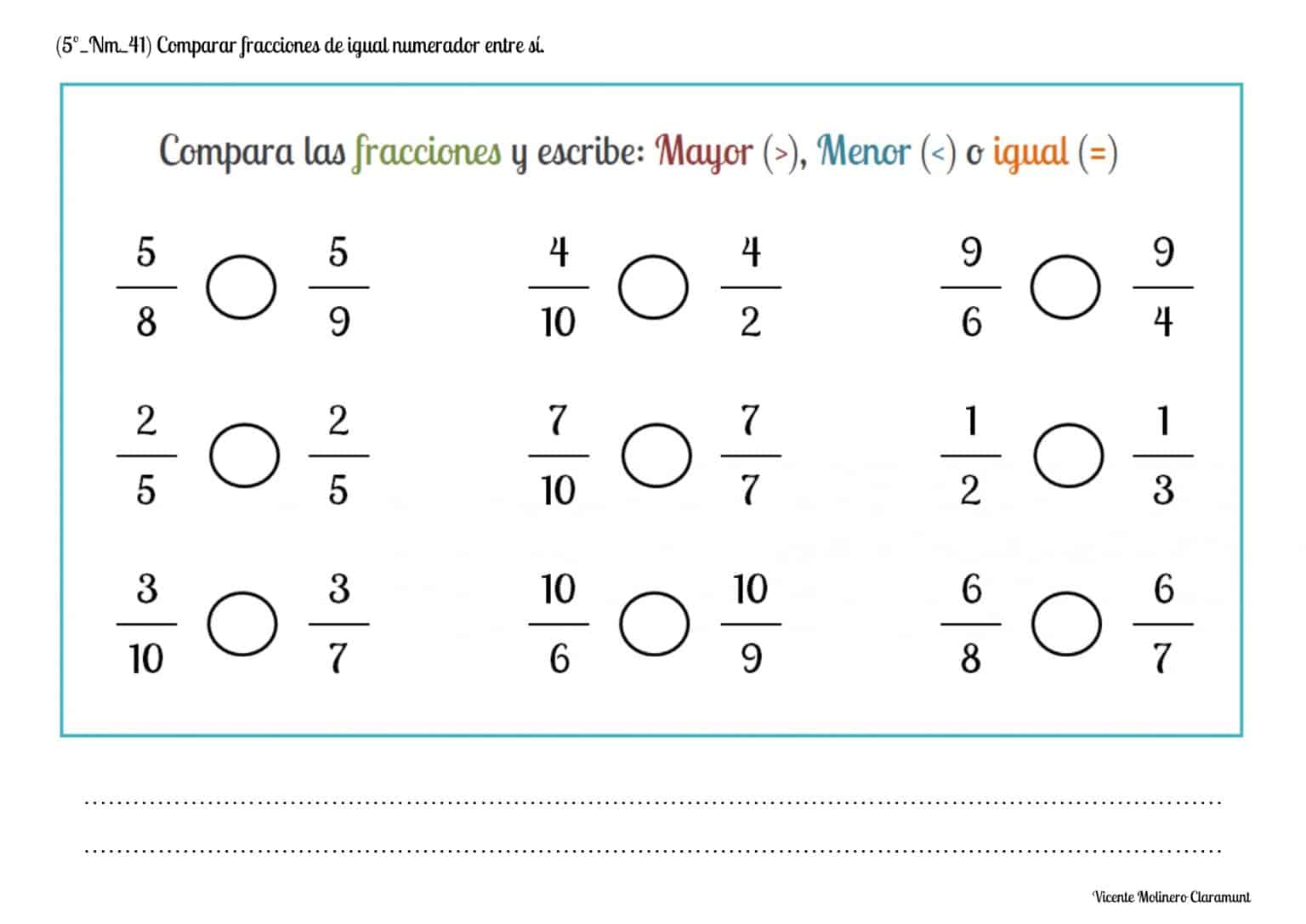 🔢 Comparar Fracciones de Igual Numerador 🔢 PDF