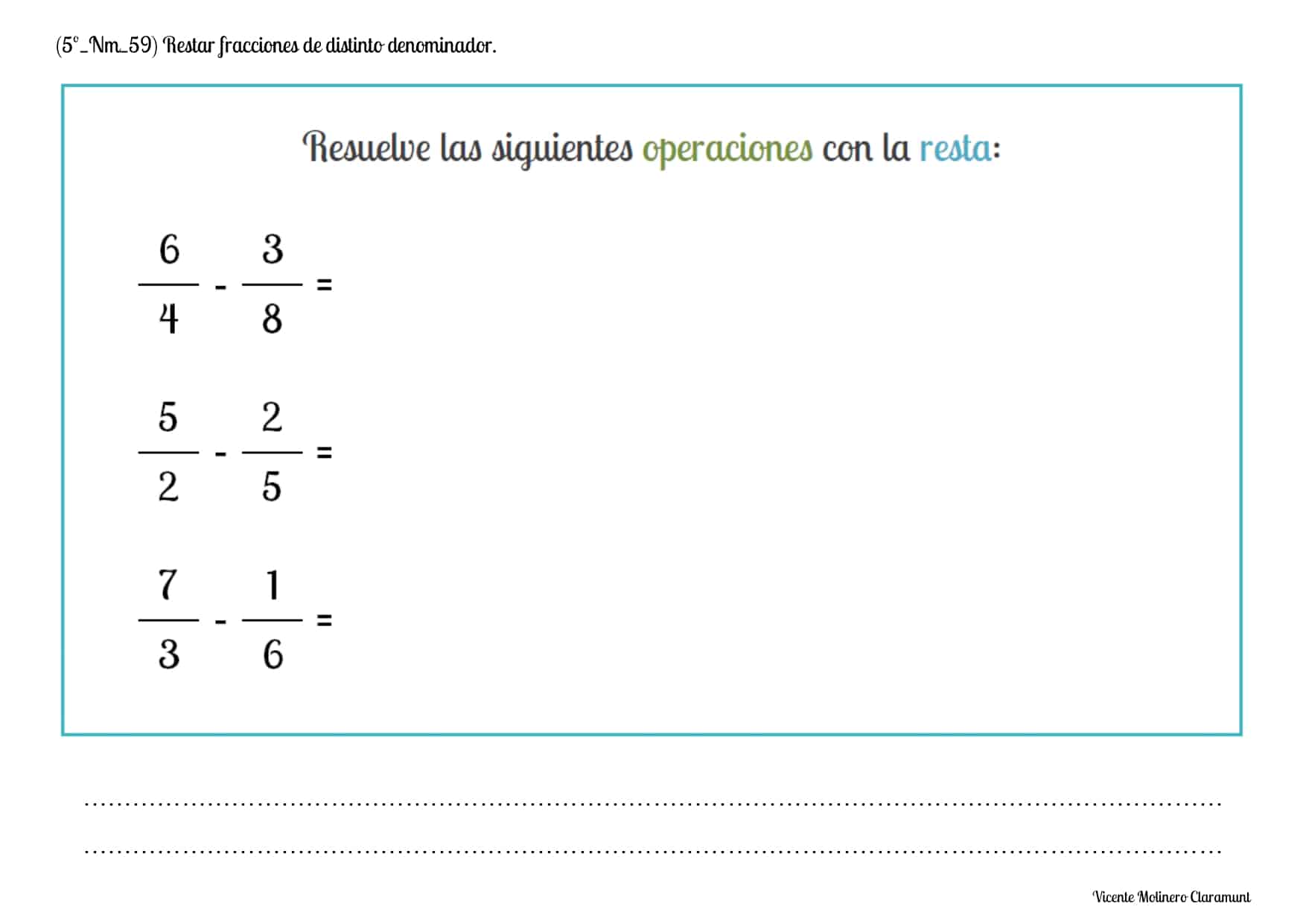 🔢 Restar Fracciones de Distinto Denominador 🔢 Ejercicios PDF