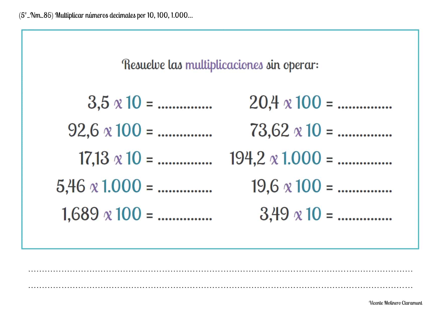 🔢 Multiplicar Números Decimales por 10, 100, 1000... 🔢 PDF
