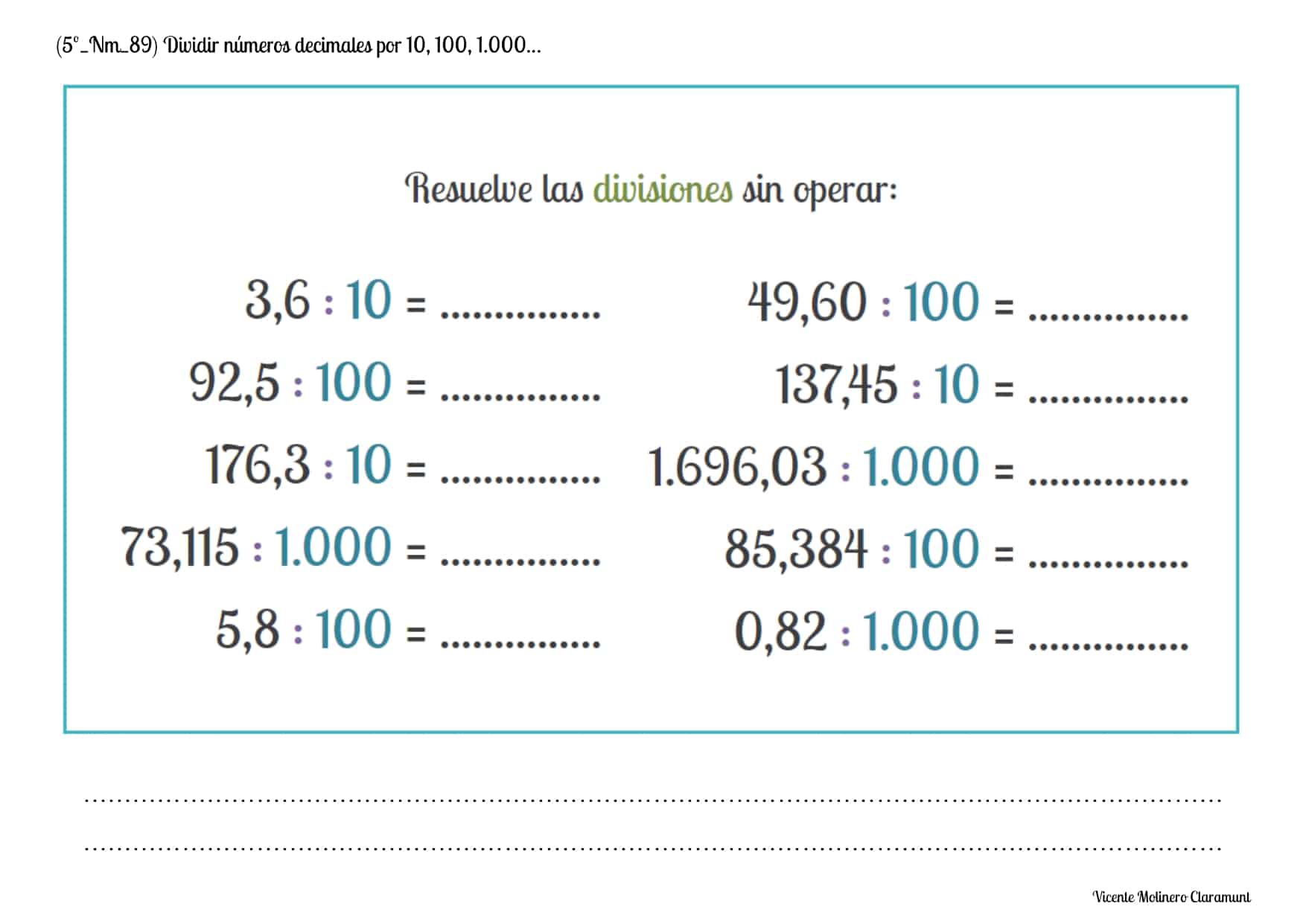 🔢 Dividir Números Decimales por 10, 100, 1000... 🔢 PDF