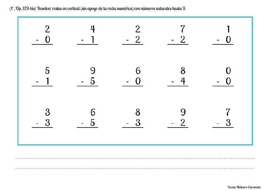 🔢 Restar en Vertical con Números hasta 9 🔢 PDF