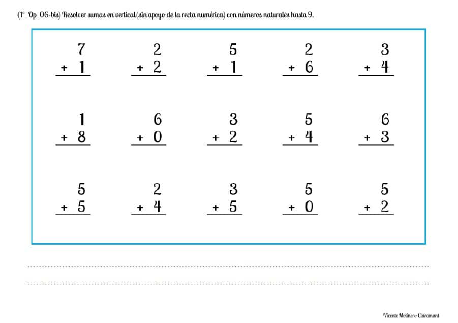 🔢 Sumar en Vertical con Números hasta 9 🔢 PDF