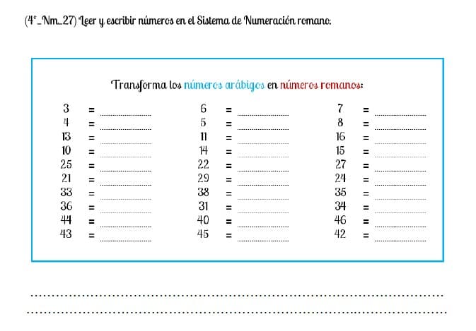💙 NÚMEROS ROMANOS 💙 Cuarto Educación Primaria (9 años)