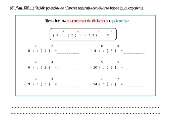 🔢 Dividir Potencias de Distinta Base e Igual Exponente 🔢 PDF