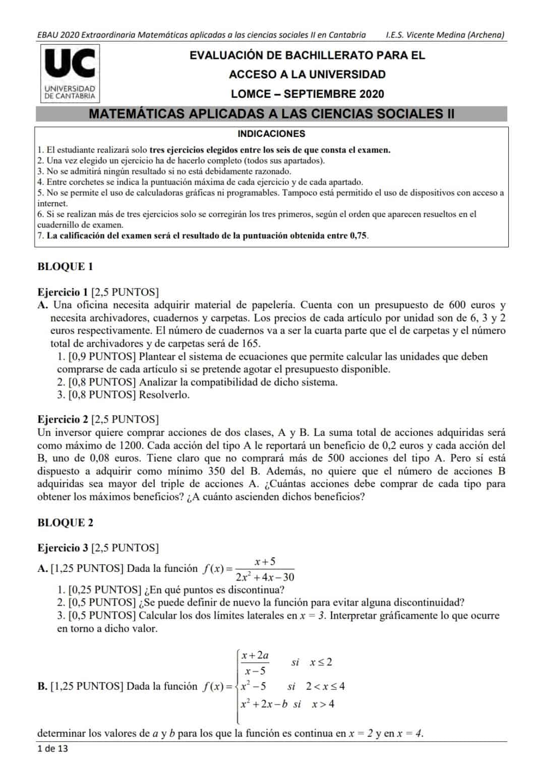 📚 EBAU Matemáticas Cantabria 📚 Exámenes y Soluciones 2024
