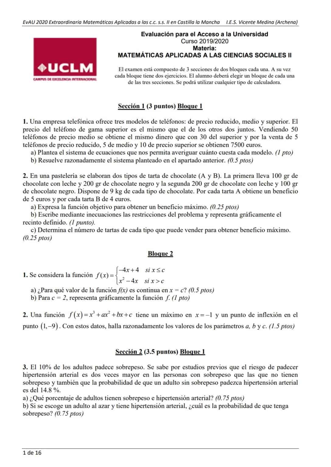 📚 EvAU Matemáticas Castilla-La Mancha 📚 Exámenes y Soluciones