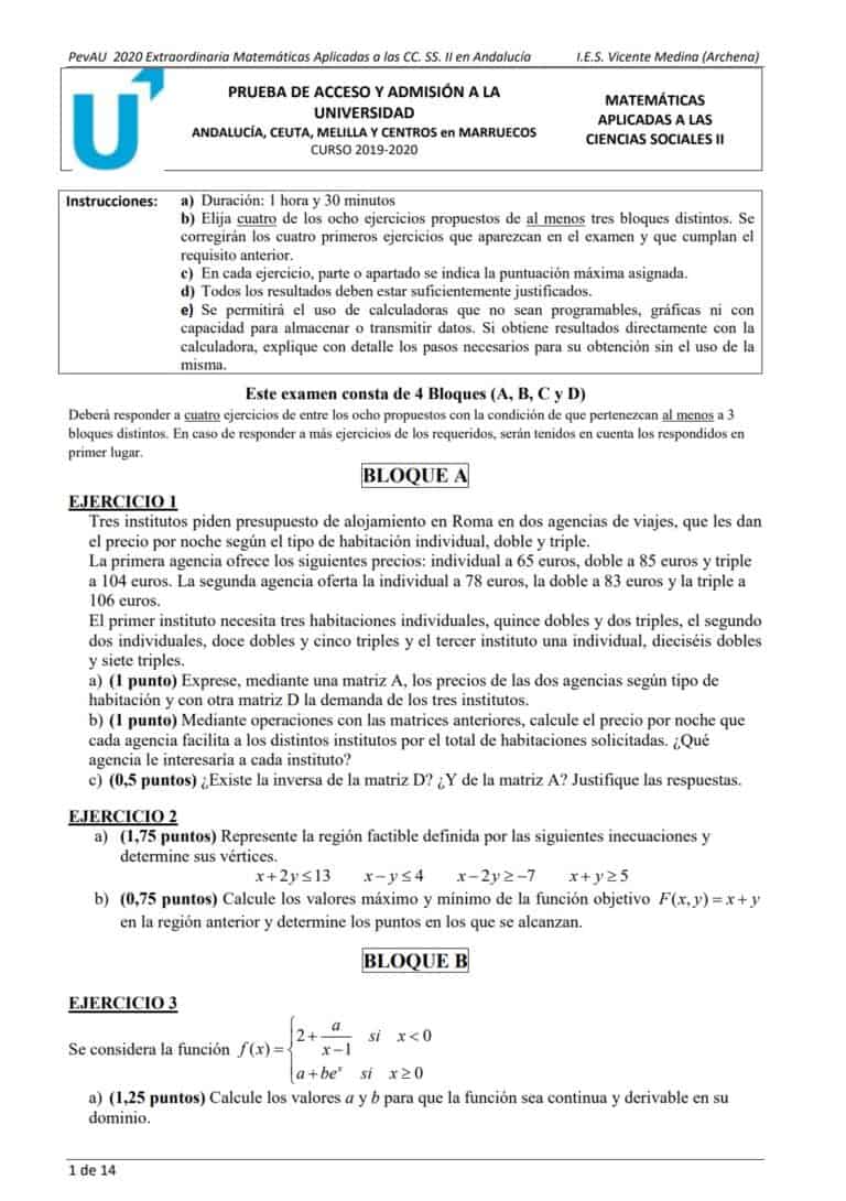 📚 PevAU Matemáticas Andalucía 📚 Exámenes y Soluciones 2024