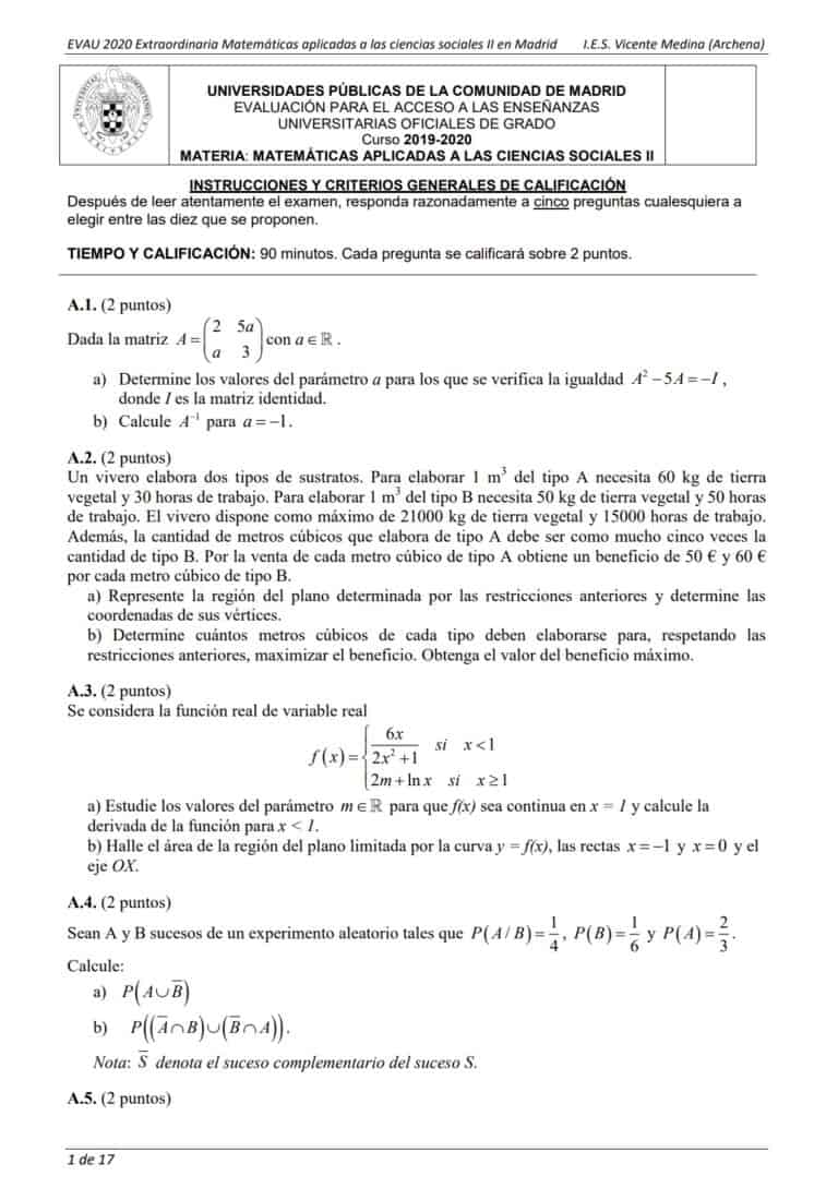 📚 EVAU Matemáticas Madrid 📚 Exámenes y Soluciones 2024