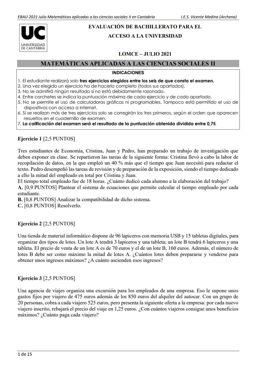 📚 EBAU Matemáticas Cantabria 📚 Exámenes y Soluciones 2024