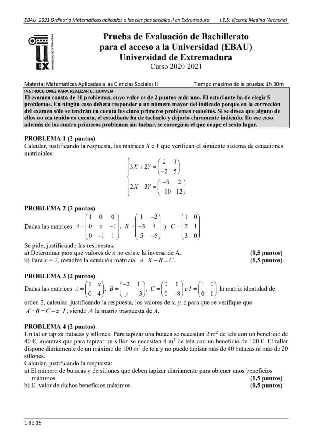 📚 EBAU Matemáticas Extremadura 📚 Exámenes y Soluciones 2024