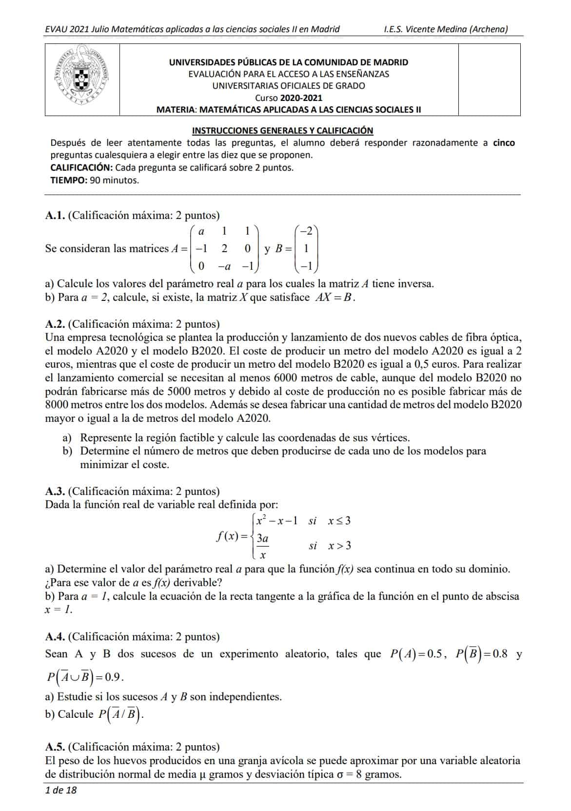 📚 EVAU Matemáticas Madrid 📚 Exámenes y Soluciones 2024