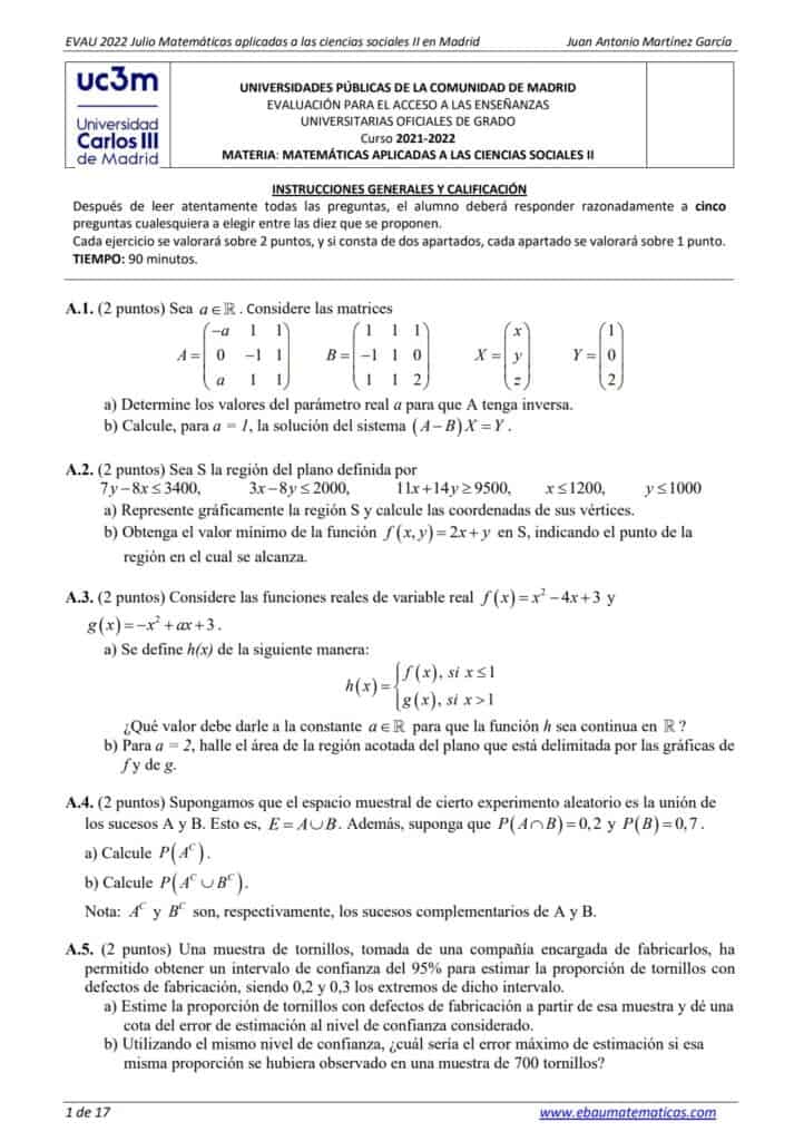 📚 EVAU Matemáticas Madrid 📚 Exámenes y Soluciones 2024
