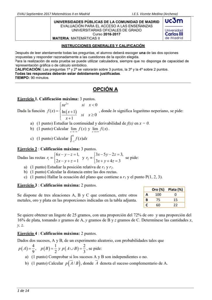 📚 EVAU Matemáticas Madrid 📚 Exámenes y Soluciones 2024