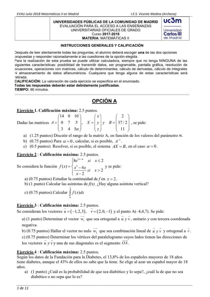 📚 EVAU Matemáticas Madrid 📚 Exámenes y Soluciones 2024