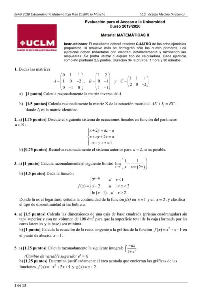 📚 EvAU Matemáticas Castilla-La Mancha 📚 Exámenes y Soluciones