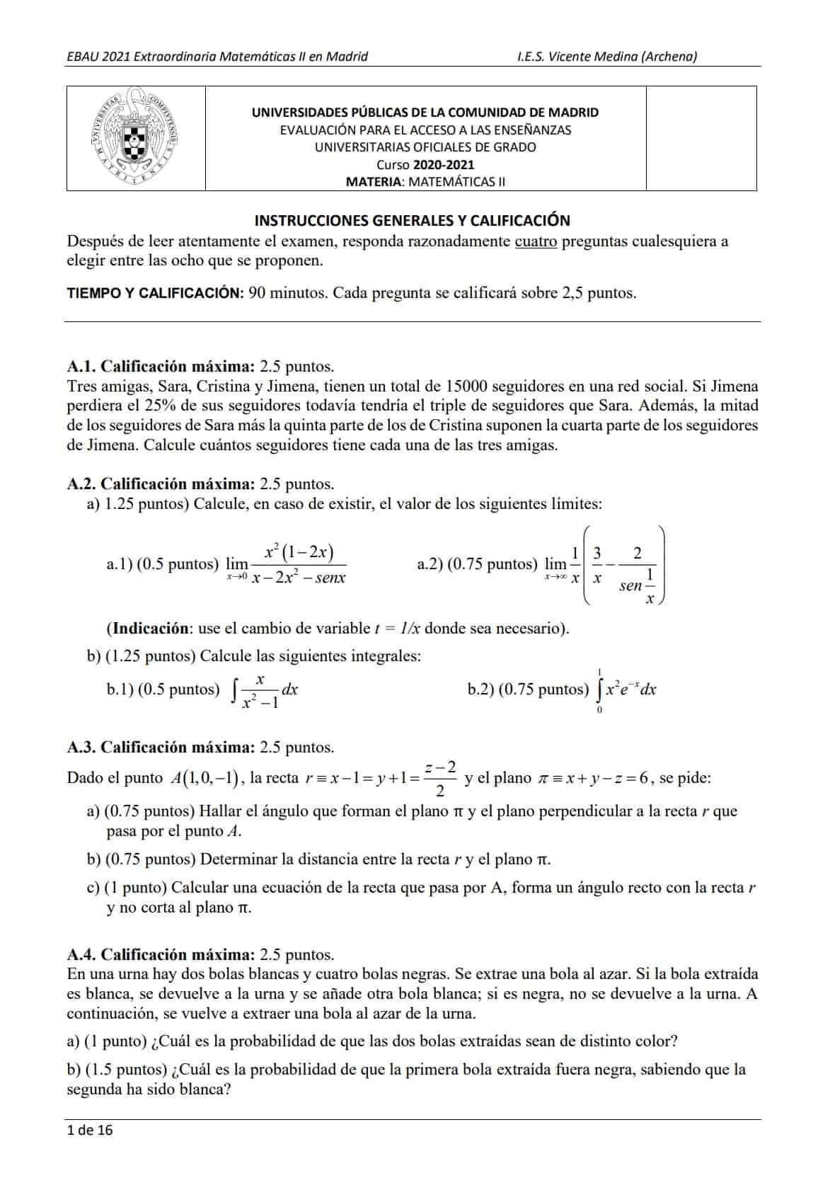 📚 EVAU Matemáticas Madrid 📚 Exámenes y Soluciones 2024