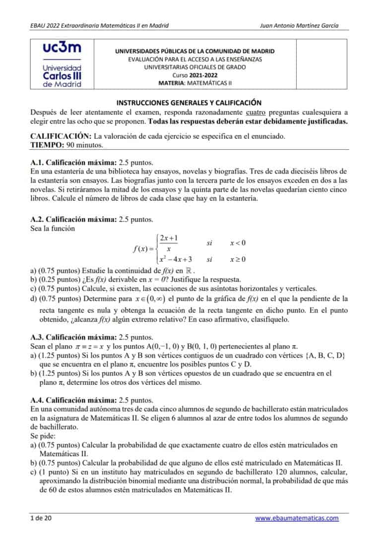 📚 EVAU Matemáticas Madrid 📚 Exámenes y Soluciones 2024