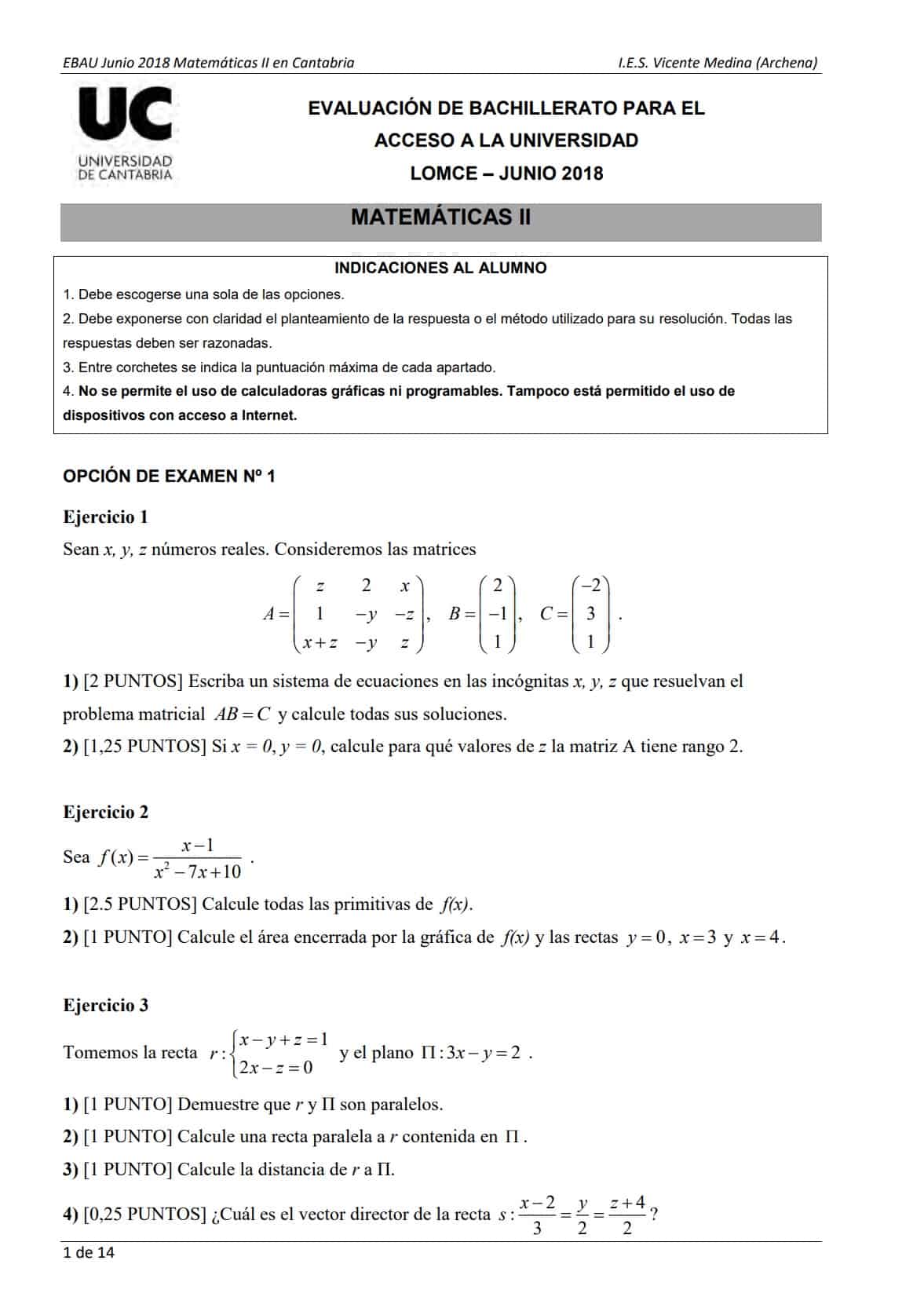 📚 EBAU Matemáticas Cantabria 📚 Exámenes y Soluciones 2024