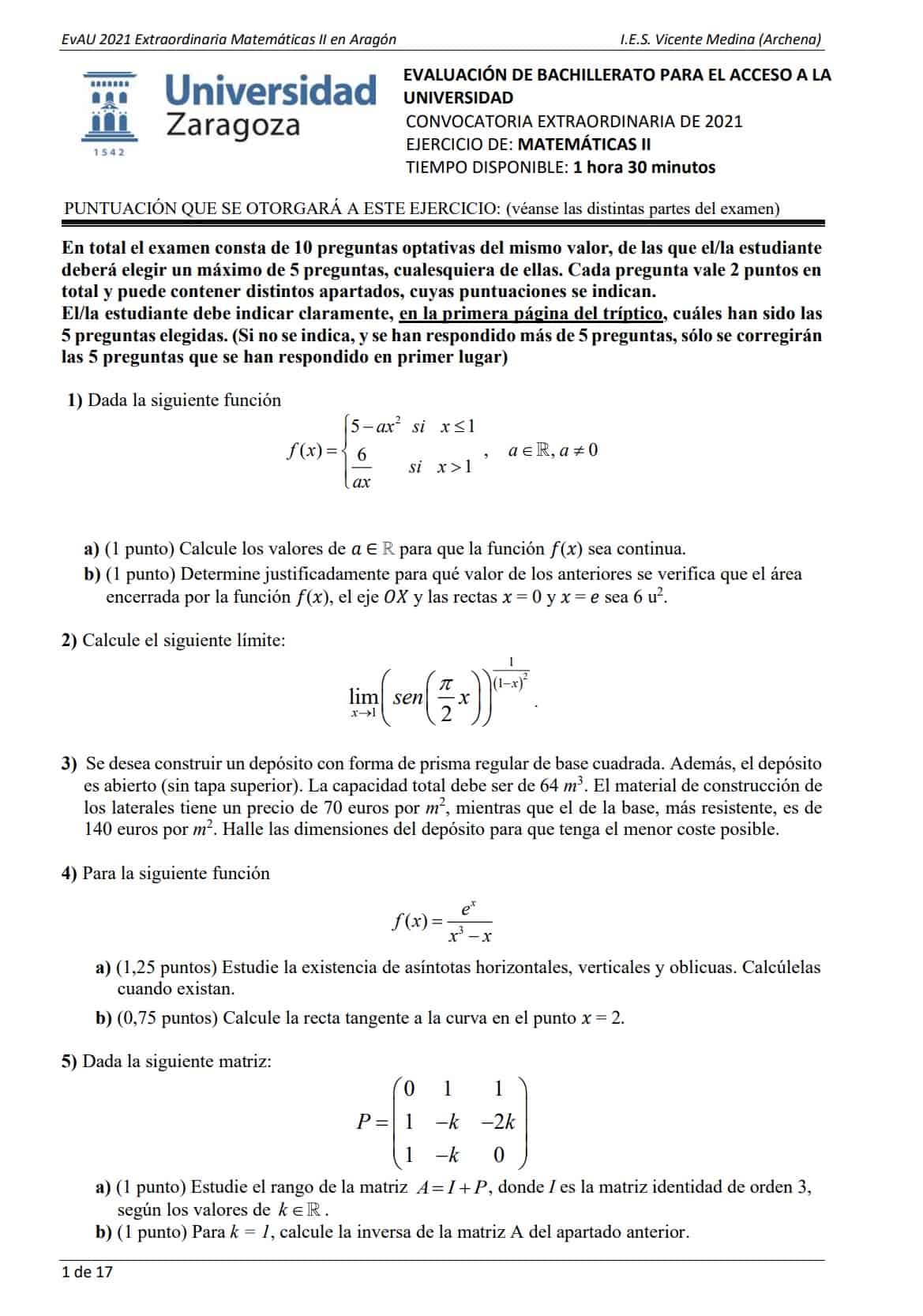 📚 EvAU Matemáticas Aragón 📚 Exámenes y Soluciones 2024