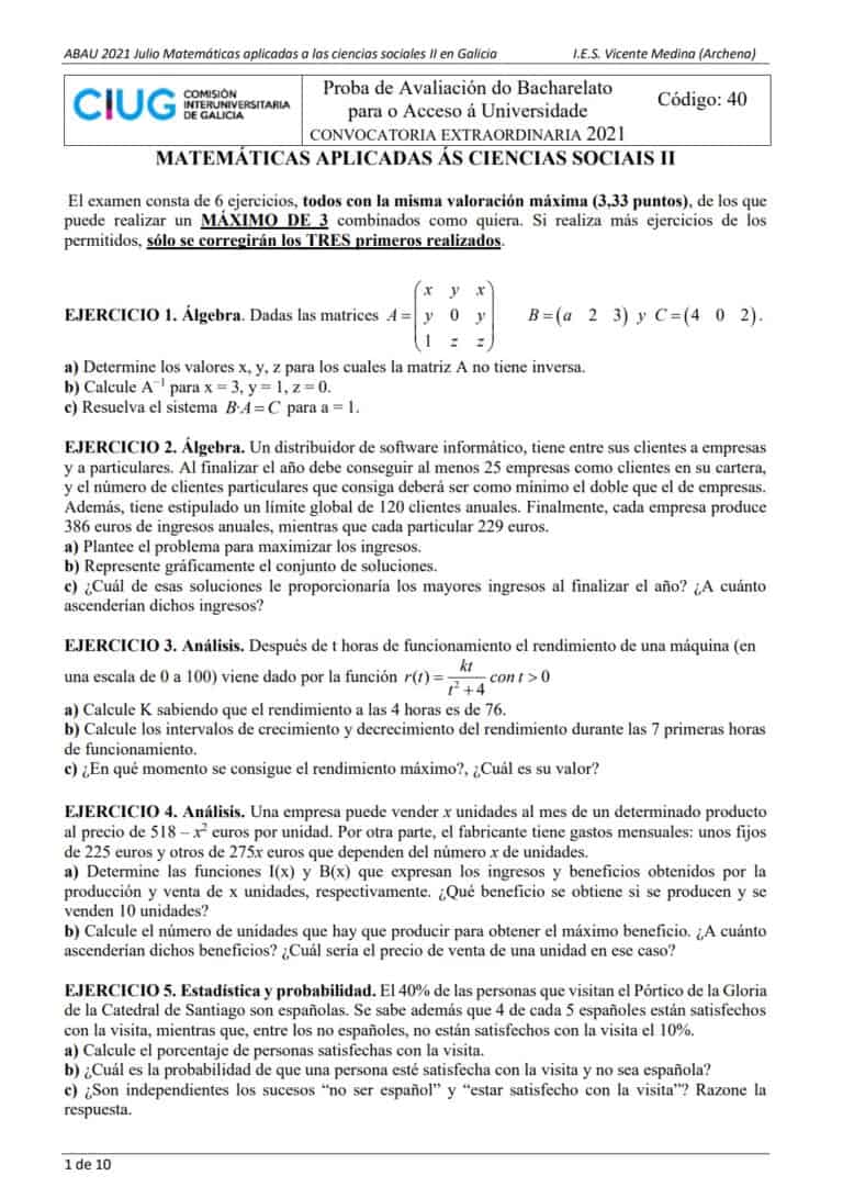 📚 ABAU Matemáticas Galicia 📚 Exámenes y Soluciones 2024