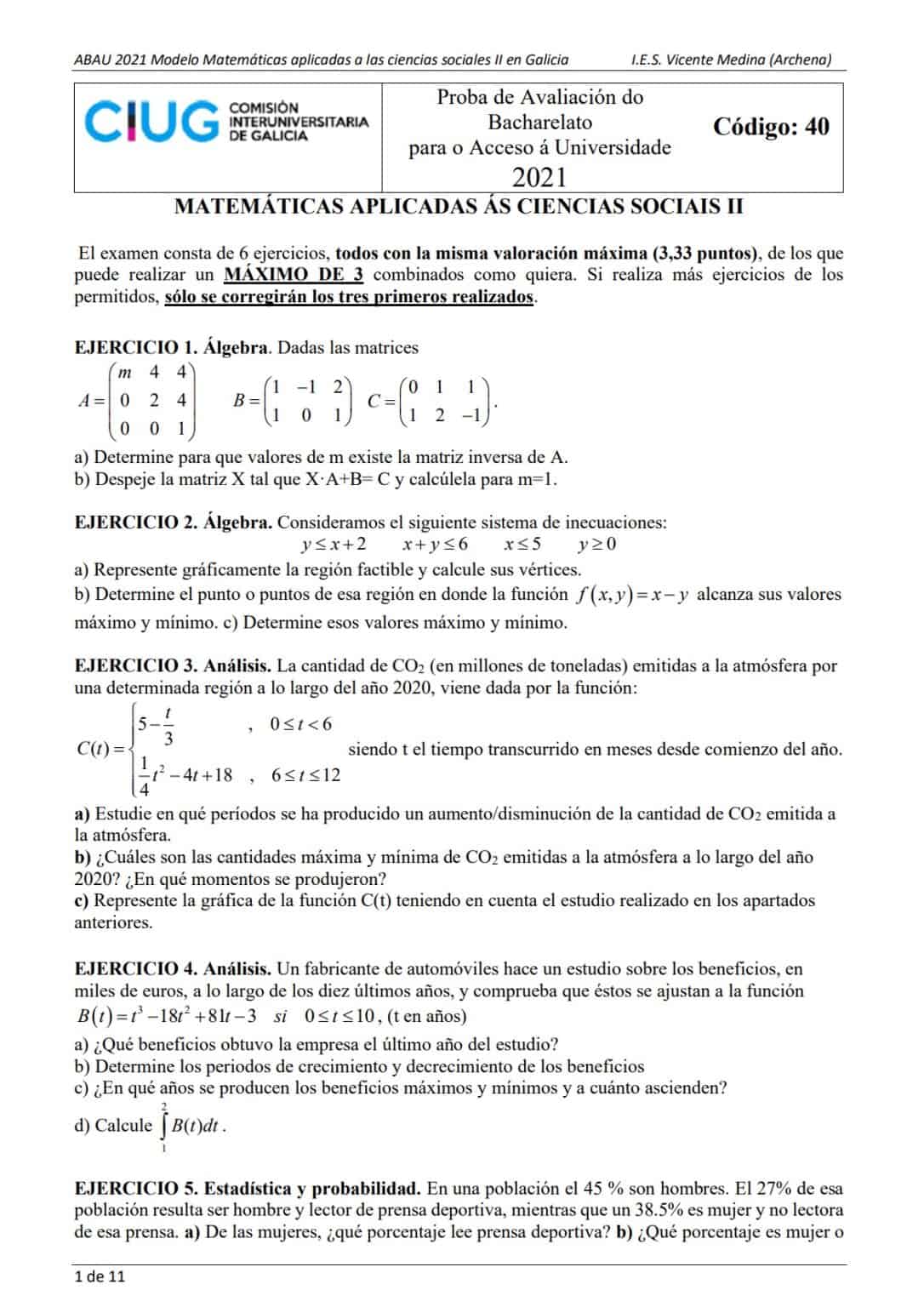 📚 ABAU Matemáticas Galicia 📚 Exámenes y Soluciones 2024
