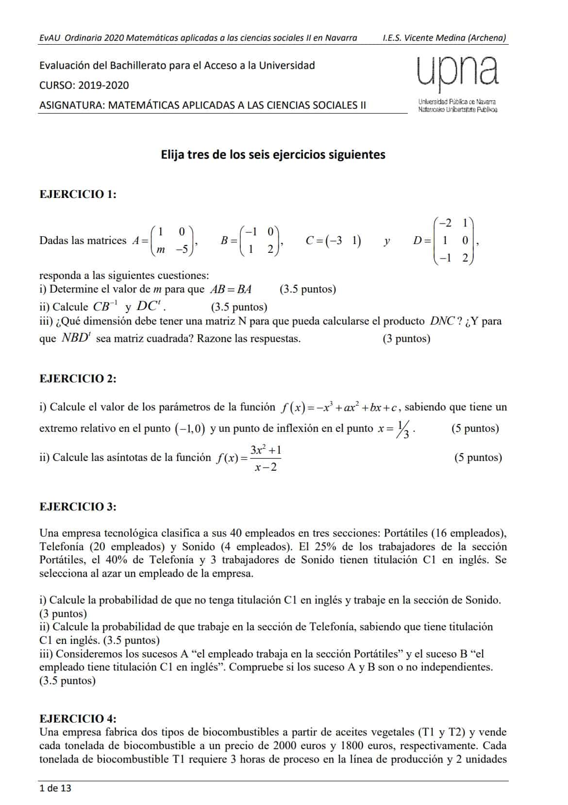 📚 EvAU Matemáticas Navarra 📚 Exámenes y Soluciones 2024