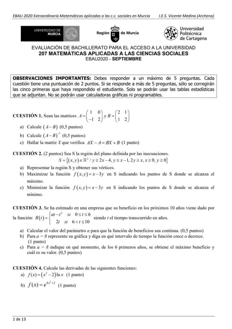 📚 EBAU Matemáticas Murcia 📚 Exámenes y Soluciones 2024