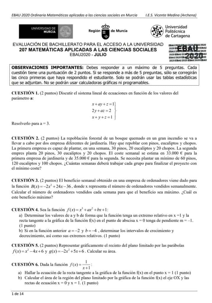 📚 EBAU Matemáticas Murcia 📚 Exámenes y Soluciones 2024