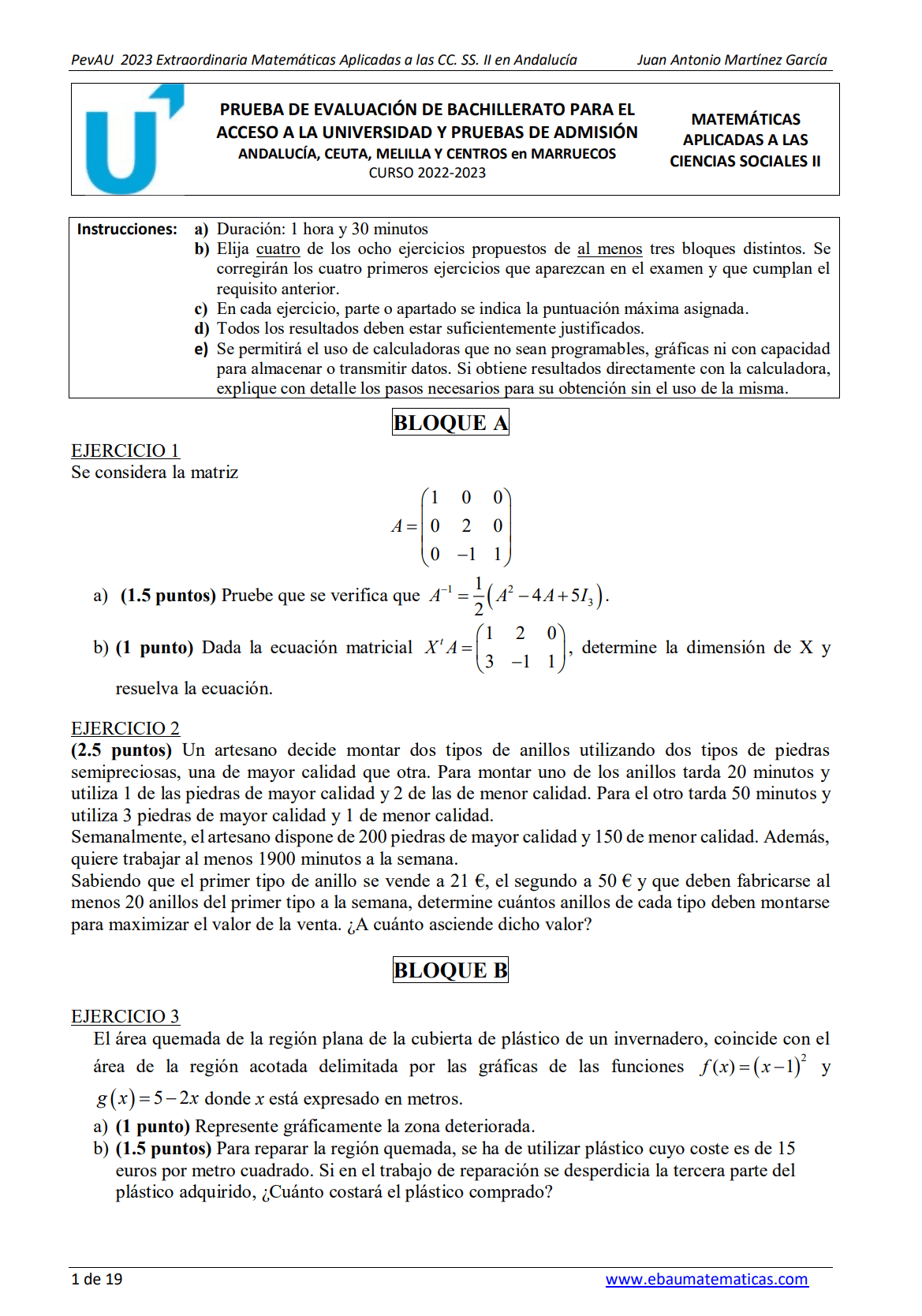 📚 PevAU Matemáticas Andalucía 📚 Exámenes y Soluciones 2024